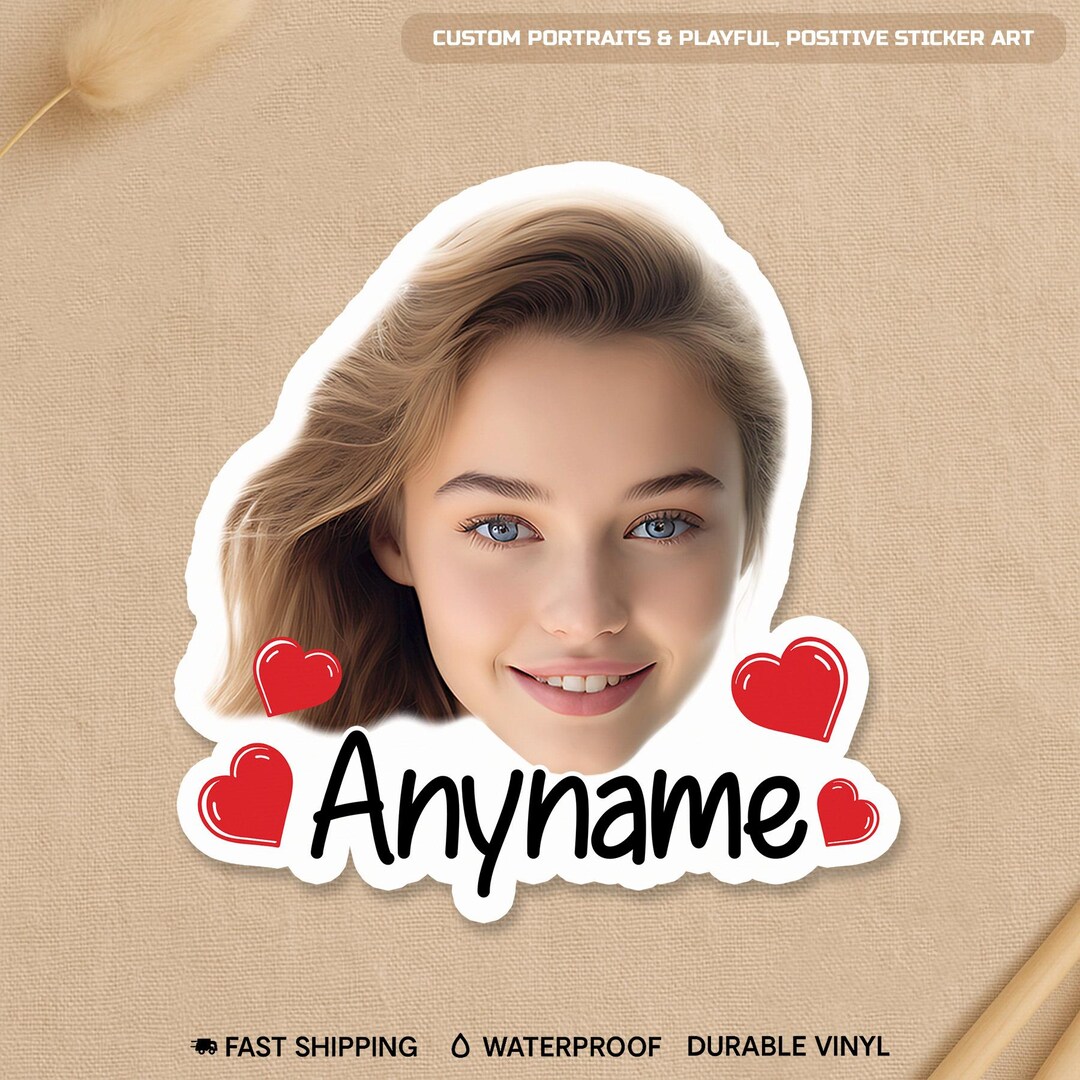 Personalized Face Sticker, Custom Cute Face With Heart Boys Girls Name ...