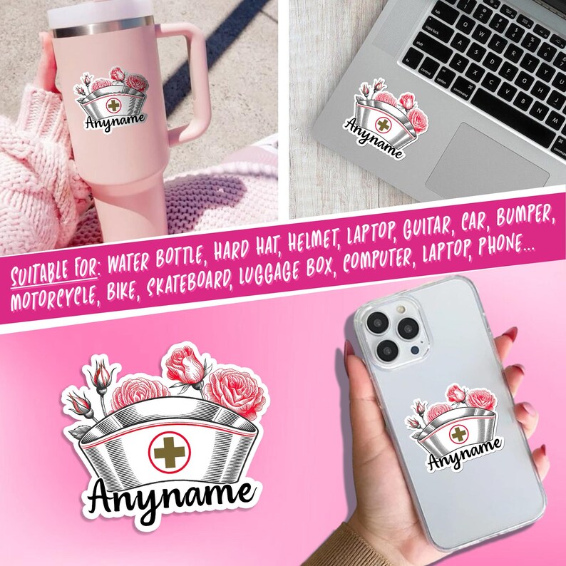 Custom Rose Nurse Name Sticker, Personalized Floral Nurses Doctors ...