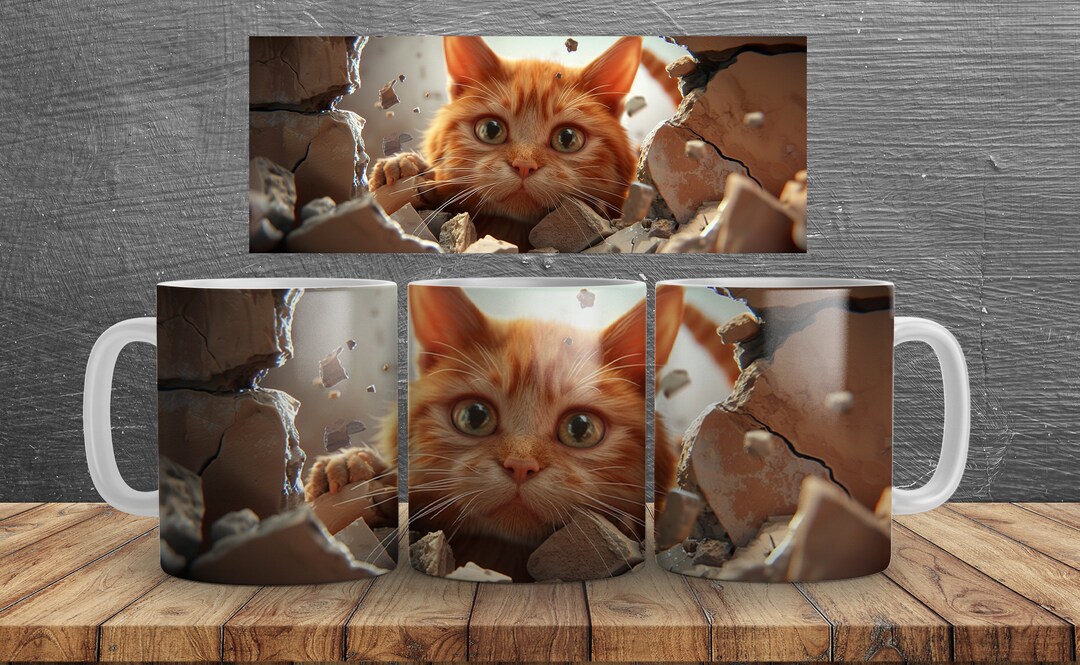 3D Crack Break Through Raga-muffin Cat Mug Wrap, Mug Sublimation Design ...