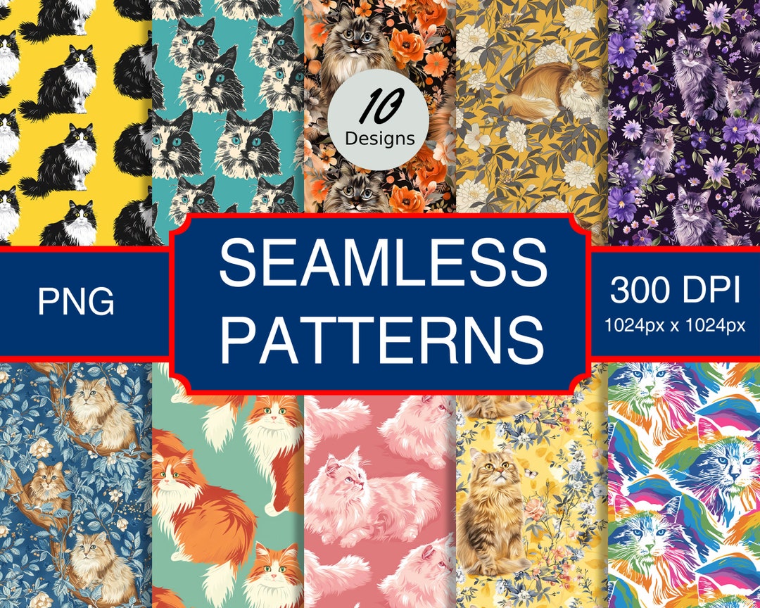 Cute Cymric Long-haired Manx Cat #A1 Seamless Pattern High-quality Png ...