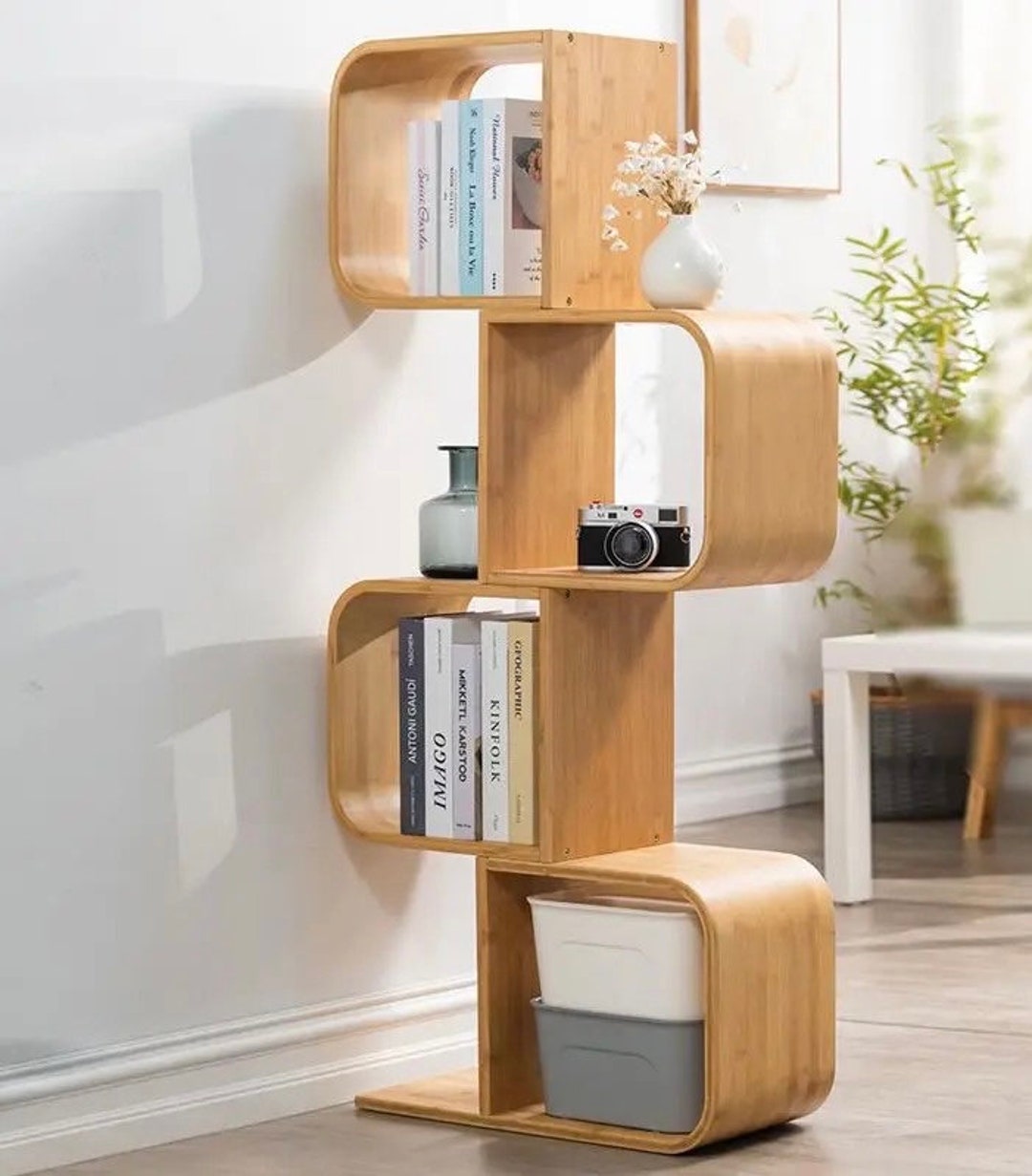 Wooden Snake Pattern Japanese Bookshelf 4 Tier Bookcase Modern - Etsy