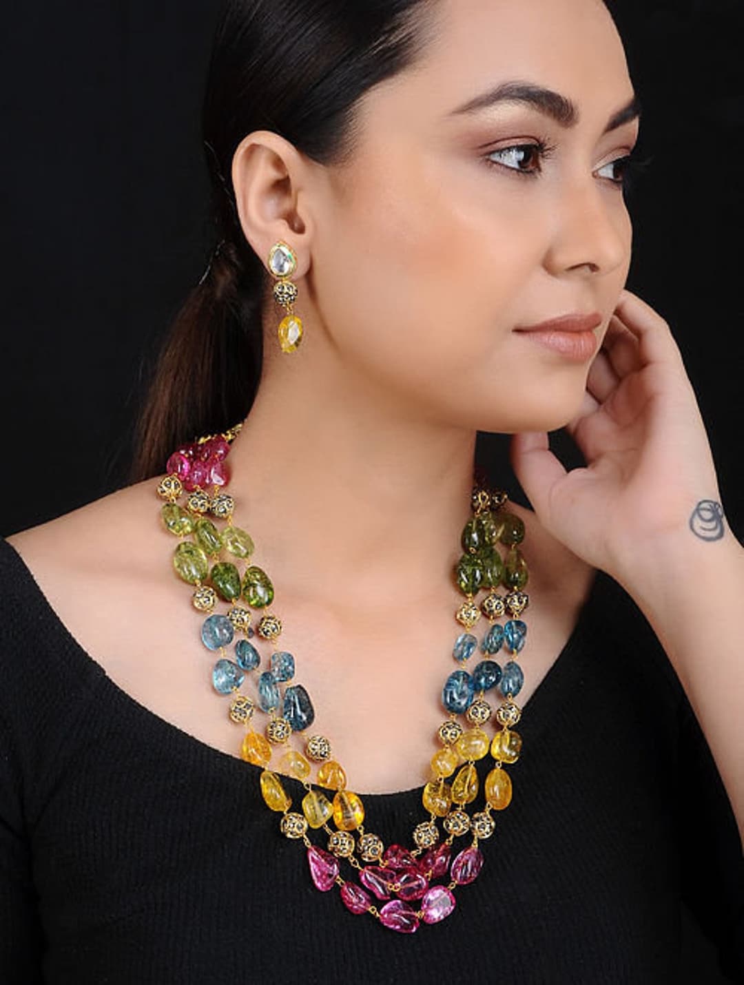 3 Layer Multi Color Stone Necklace Stone Indian Mala Kundan Jewelry ...
