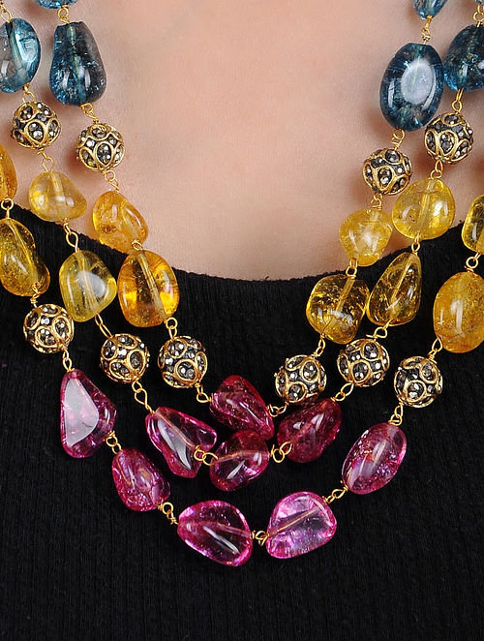 3 Layer Multi Color Stone Necklace Stone Indian Mala Kundan Jewelry ...