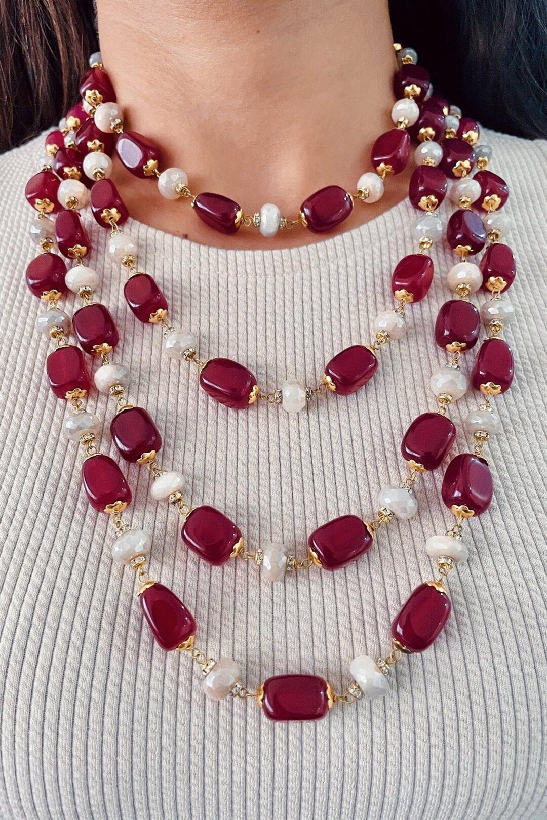 Red Long Necklace/ Handcrafted/ Multi Layered Stones & Bead Embellished ...
