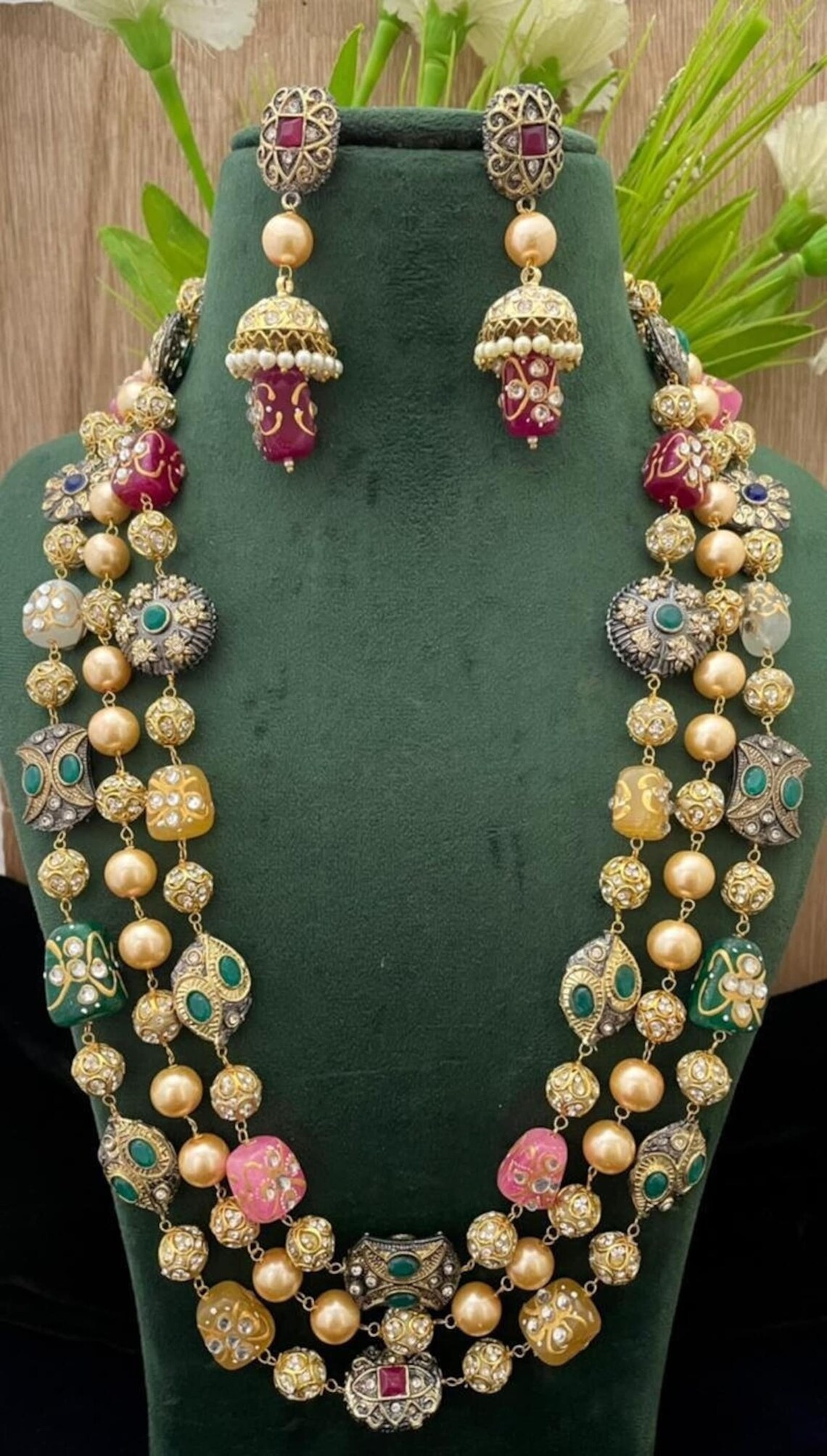 3 Layer Long Necklace /necklace of Semi Precious Stones and Pearls ...