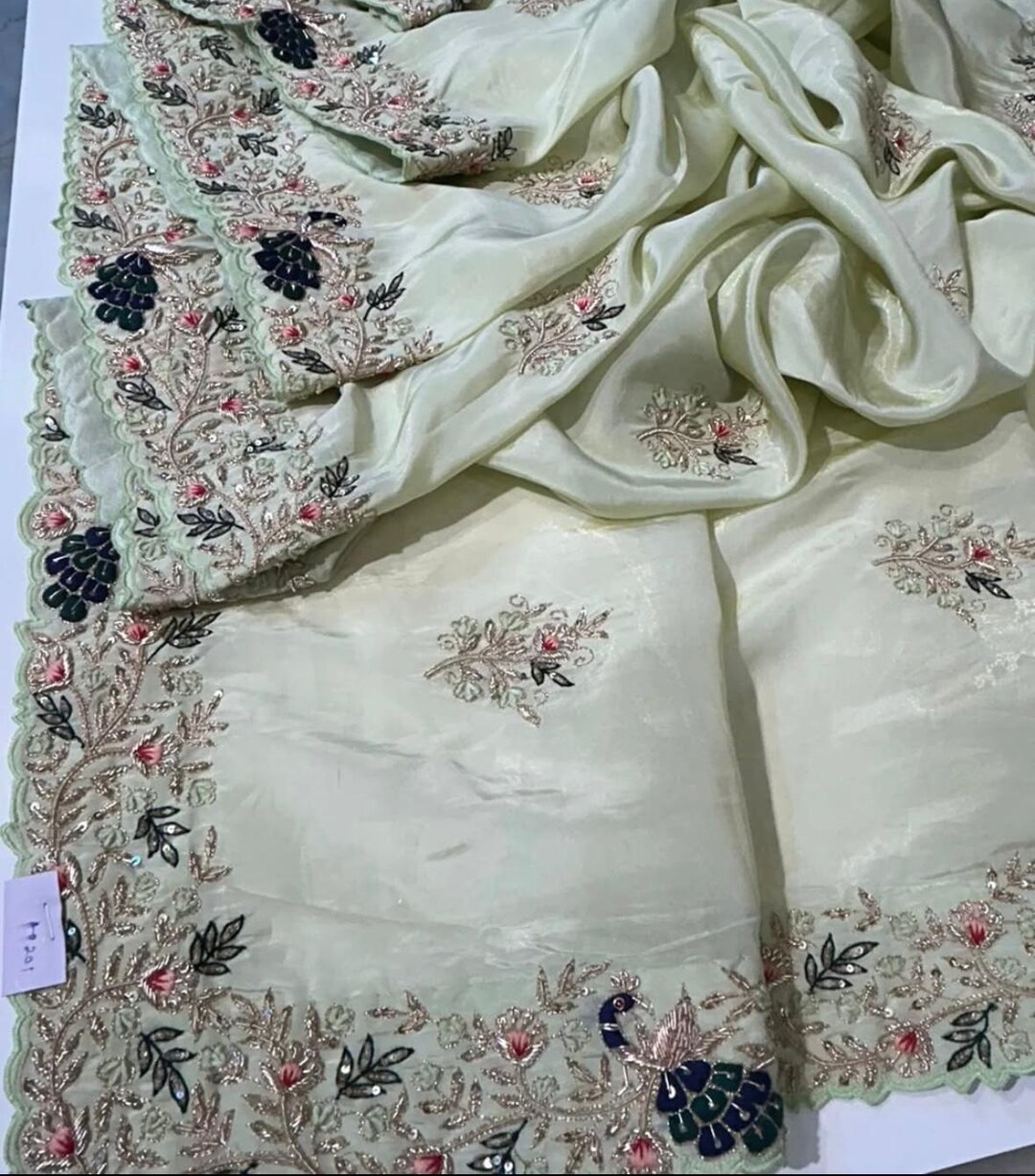 Pakistani Indian Zardozi White Ivory Tissue Organza Handwork Saree ...
