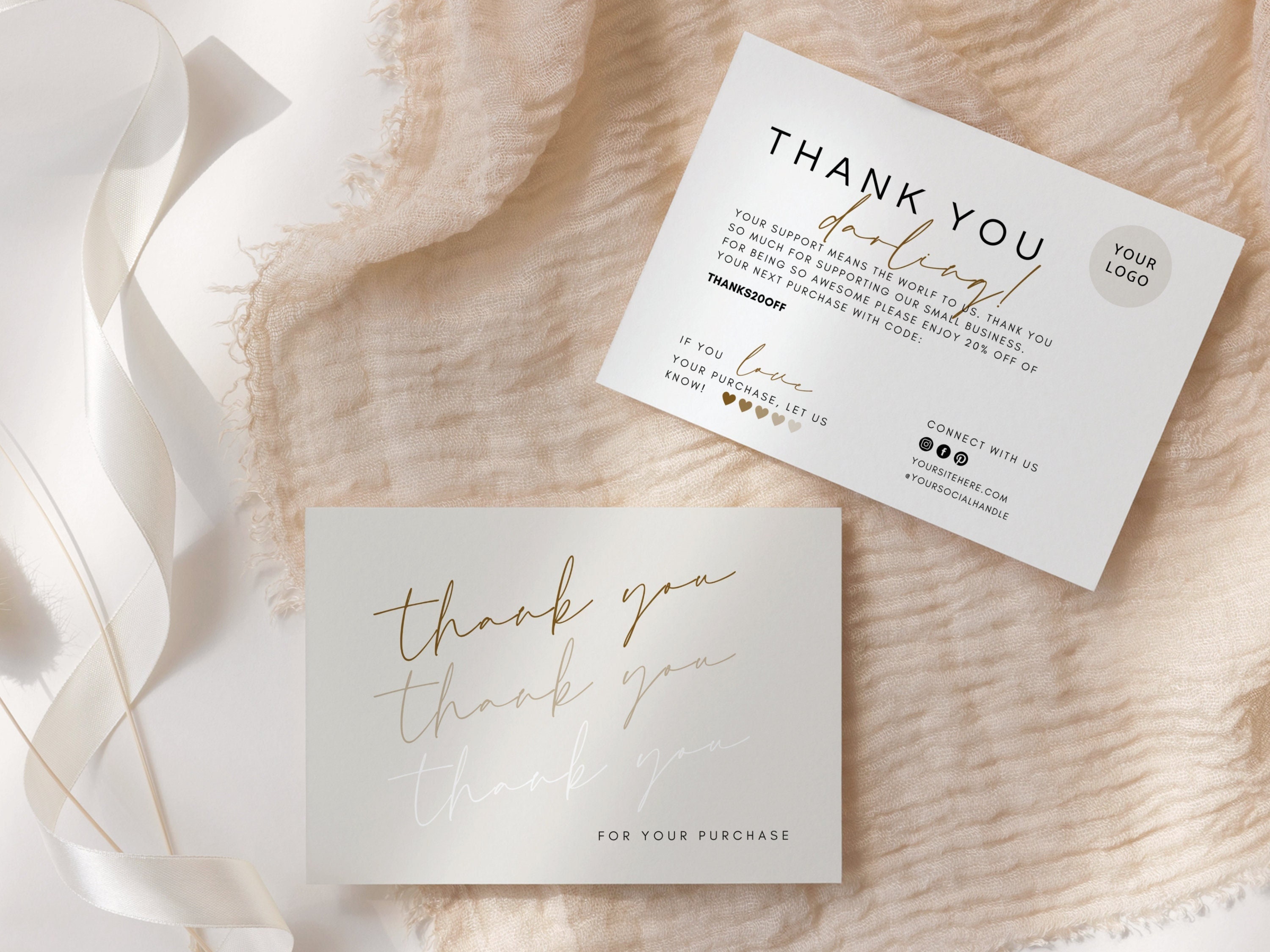 Minimal Thank You Card Template - Elegant Canva Small Business Editable ...