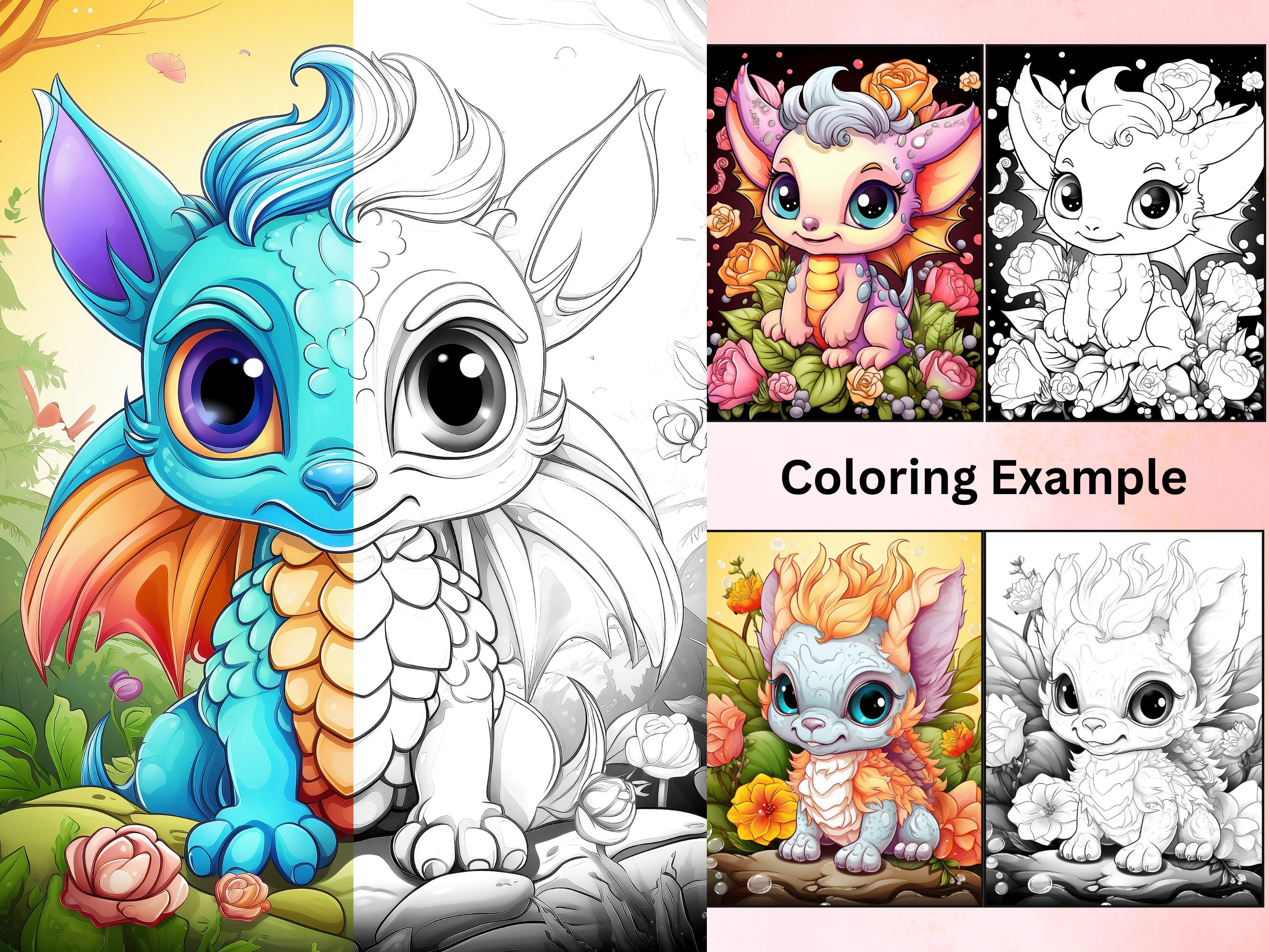 26 Baby Dragon Fantasy Coloring Page Book, Adults Kids, Instant ...