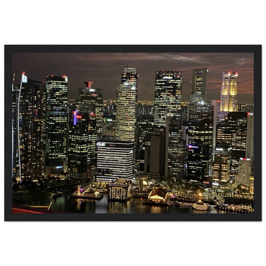 City Night Skyline Wood Framed Poster, City Landscape Wall Art, Gift ...