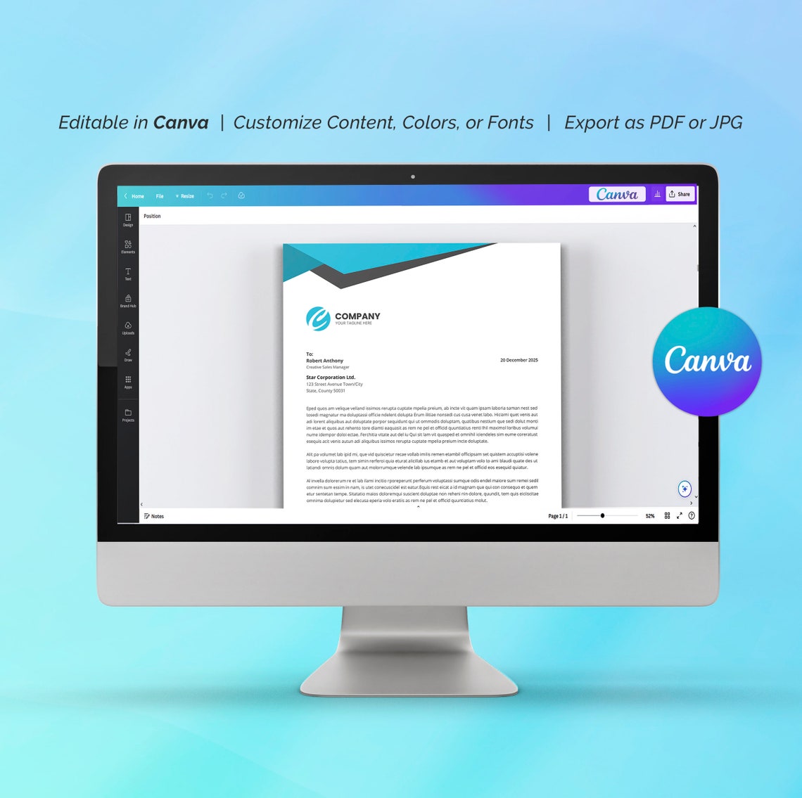 Business Letterhead Template Canva Editable, Custom Company Letterhead ...
