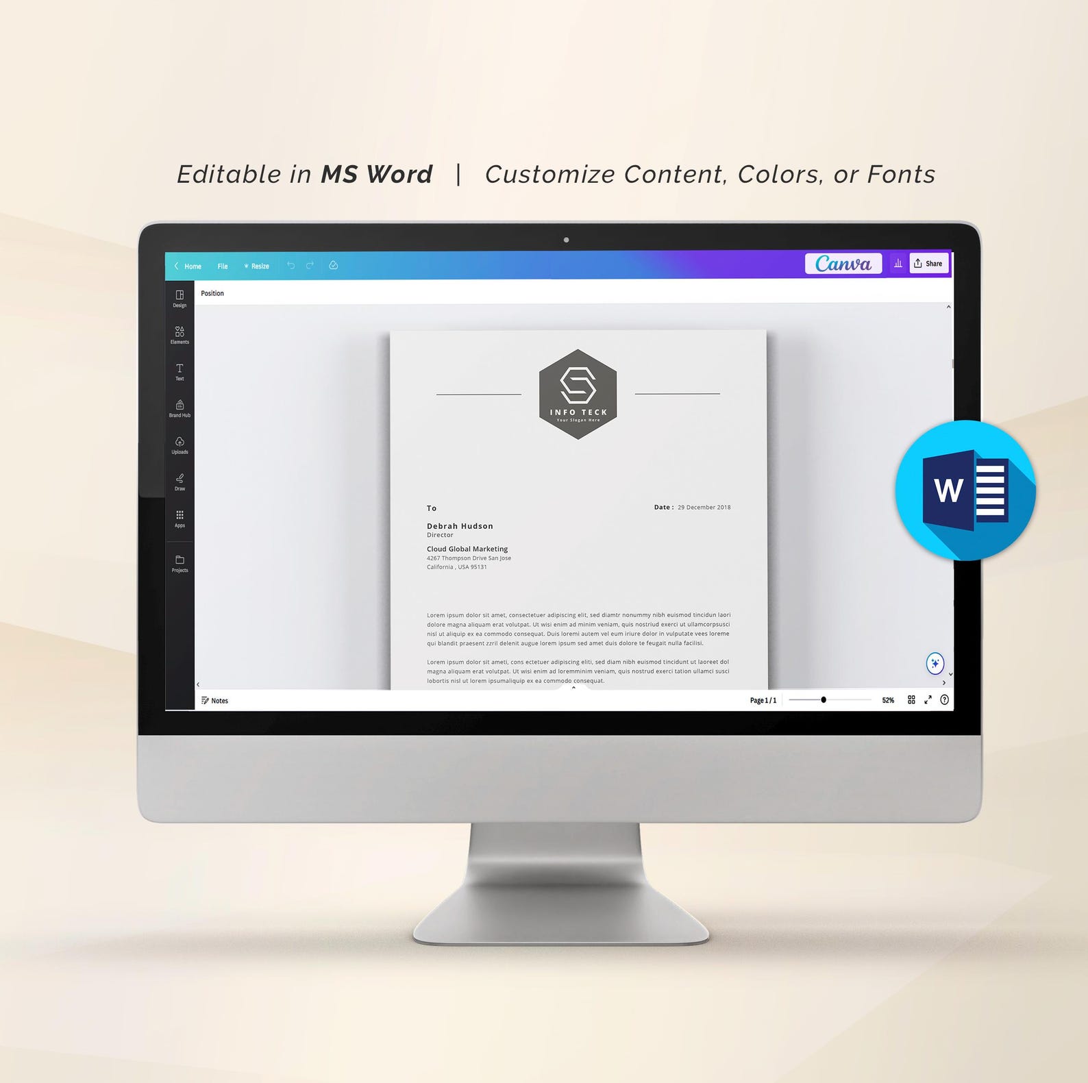 Business Letterhead Template Canva Editable, Custom Company Letterhead ...