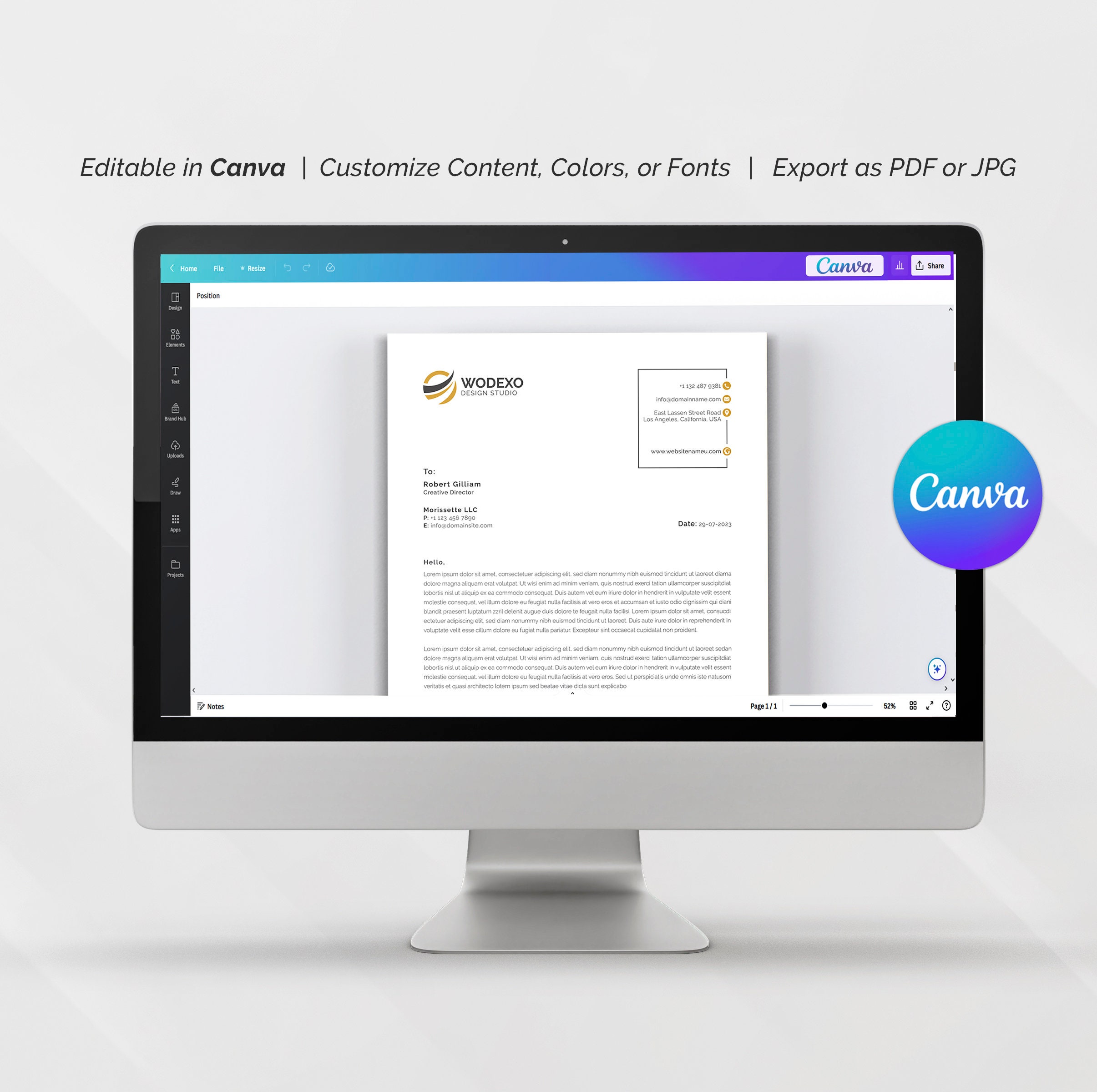 Business Letterhead Template Canva Editable, Custom Company Letterhead ...