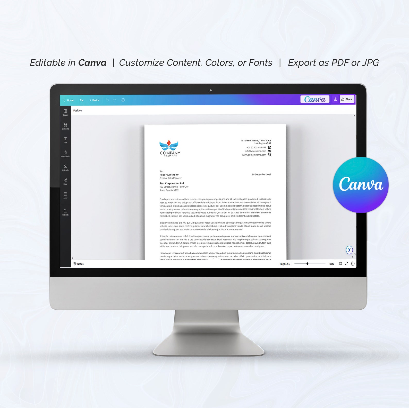 Business Letterhead Template Canva Editable, Custom Company Letterhead ...