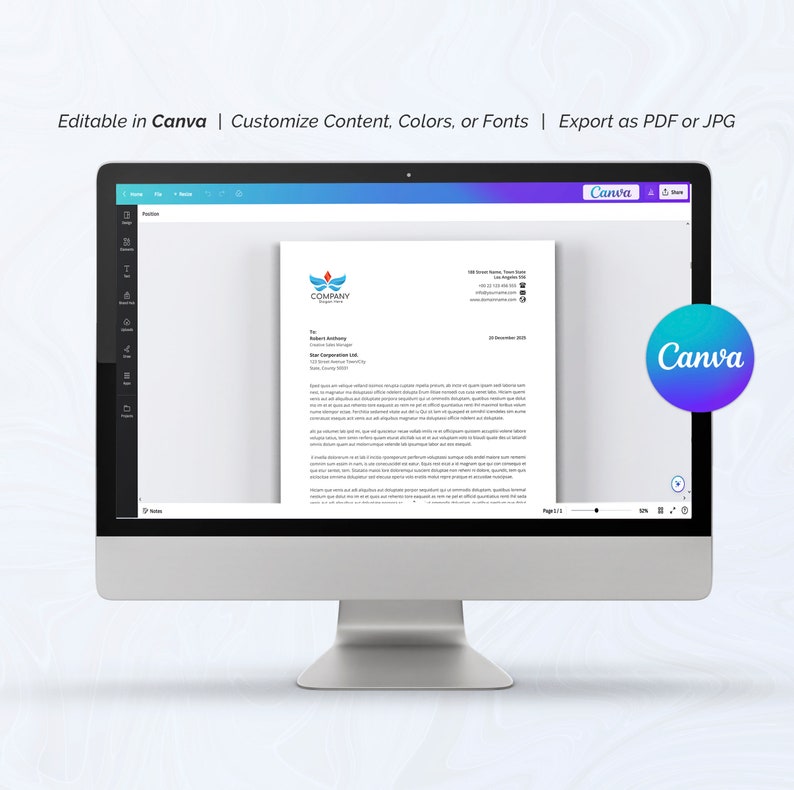 Business Letterhead Template Canva Editable, Custom Company Letterhead ...