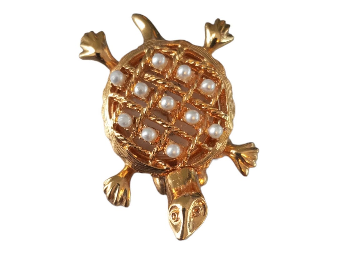 Vintage Rare Joan Rivers Turtle Clock Watch Pin Brooch Gold With Pearls ...