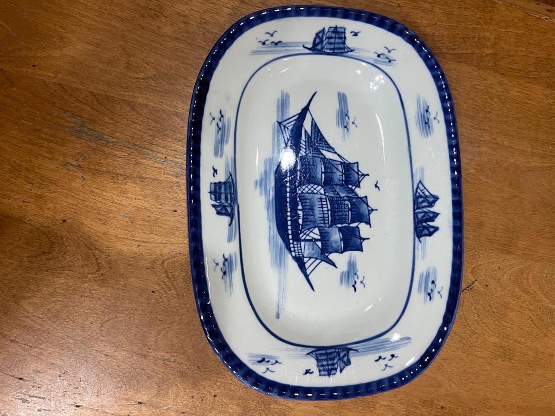 Vintage Blue White Sailing Ship Stoneware Nantucket Distributing ...