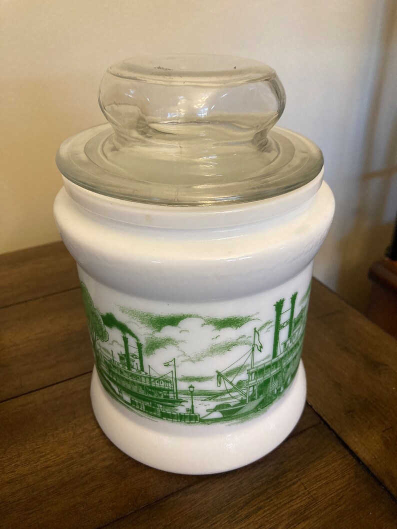 Vintage Milk Glass Green Riverboat Scene Canister With Glass Lid - Etsy