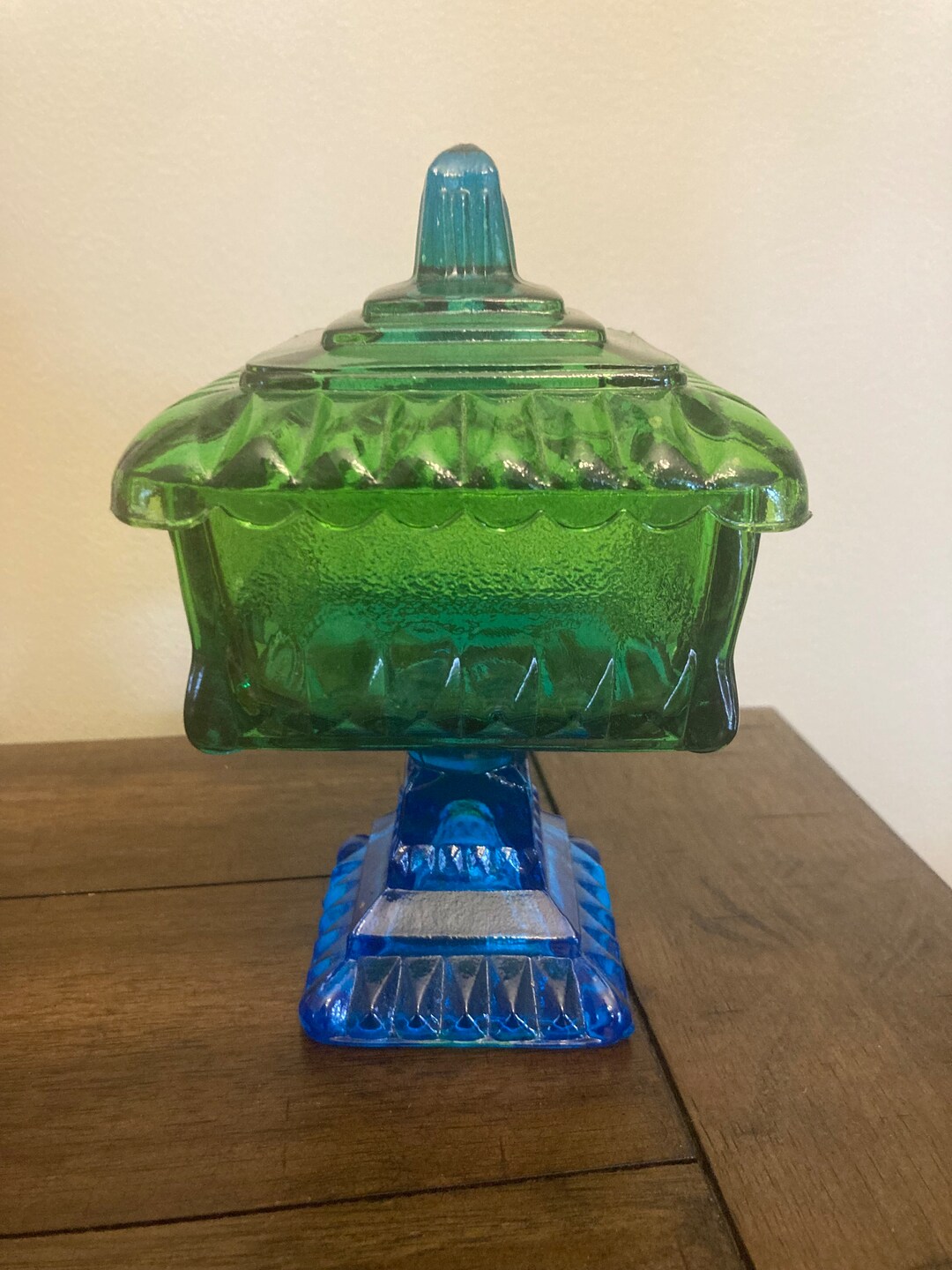 Vintage Jeanette Glass Wedding Cake Box Lidded Candy Dish Blue Green - Etsy