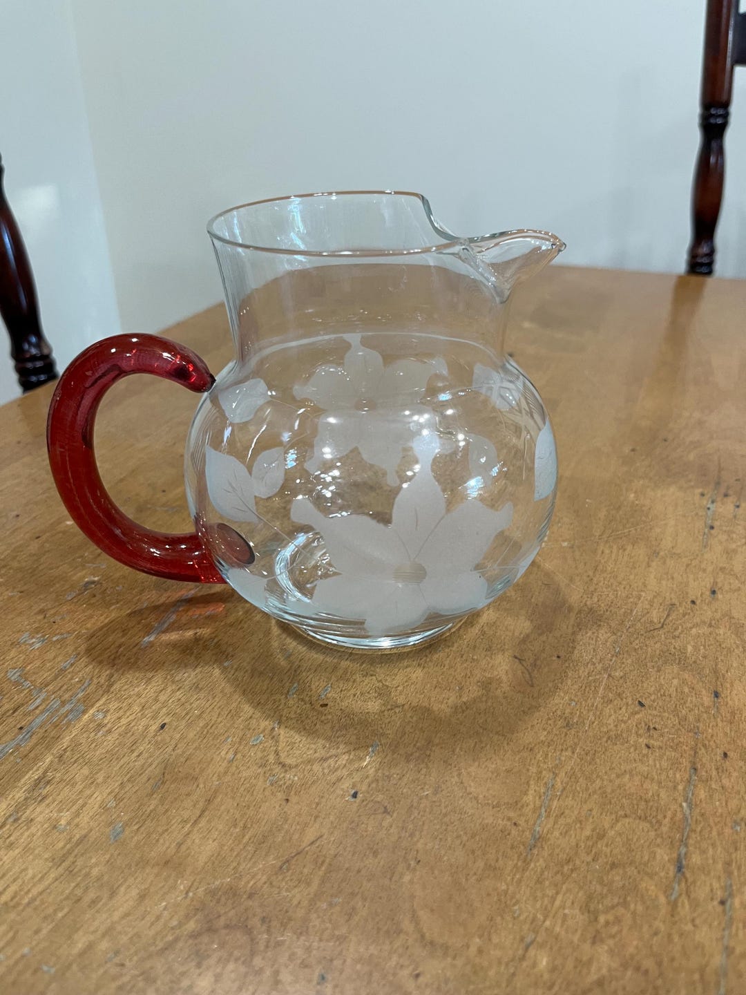 Vintage Art Glass Pitcher Applied Red Handle With Floral Design - Etsy