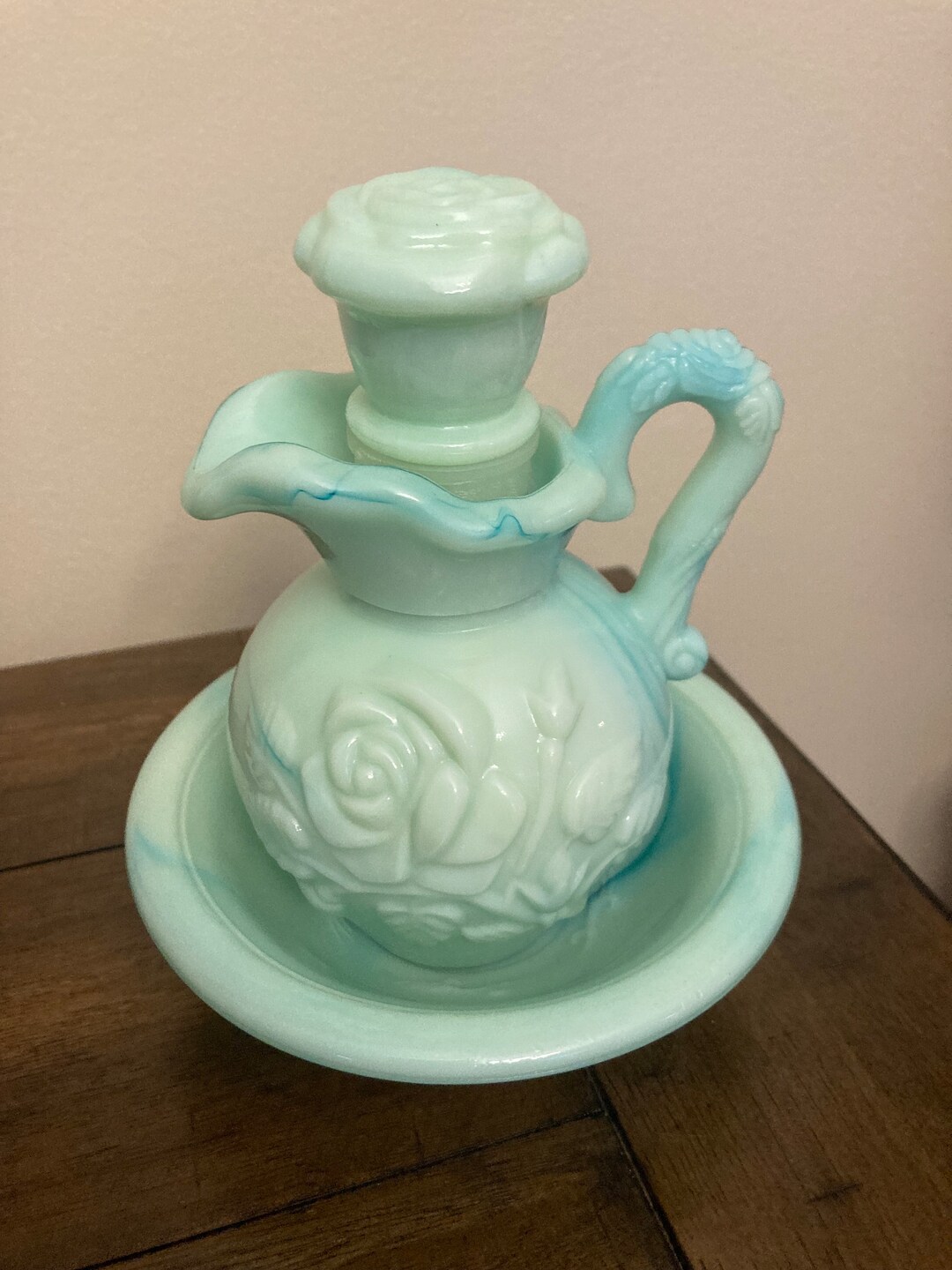 Vintage Avon Green Glass Rose Pitcher Basin and Dish - Etsy