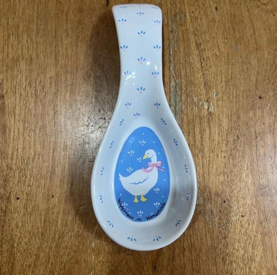 Vintage 1987 Ceramic Pink Ribbon Goose/duck Spoon Rest happiness is ...