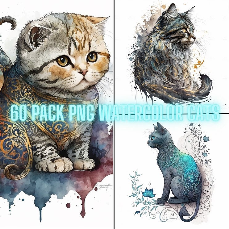 Watercolor Fantasy Storybook Fairytale Cats Clip Art, PNG Images ...