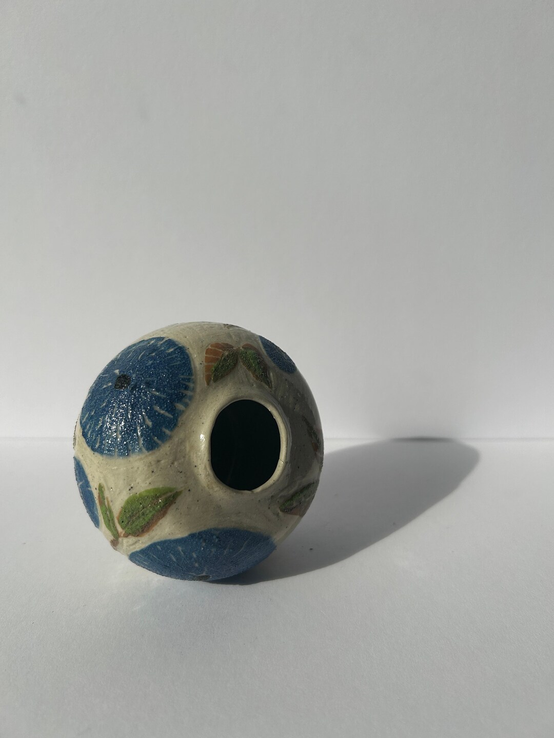 Hand-carved Blue & Green Sgraffito Flower Vase Moon Shape Bronte ...