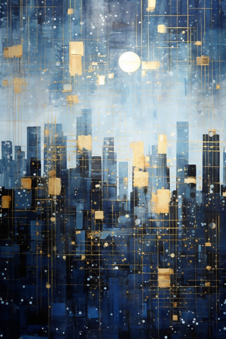 Parisian Nightscape: Abstract Metallic Silver City Skyline Against Navy ...