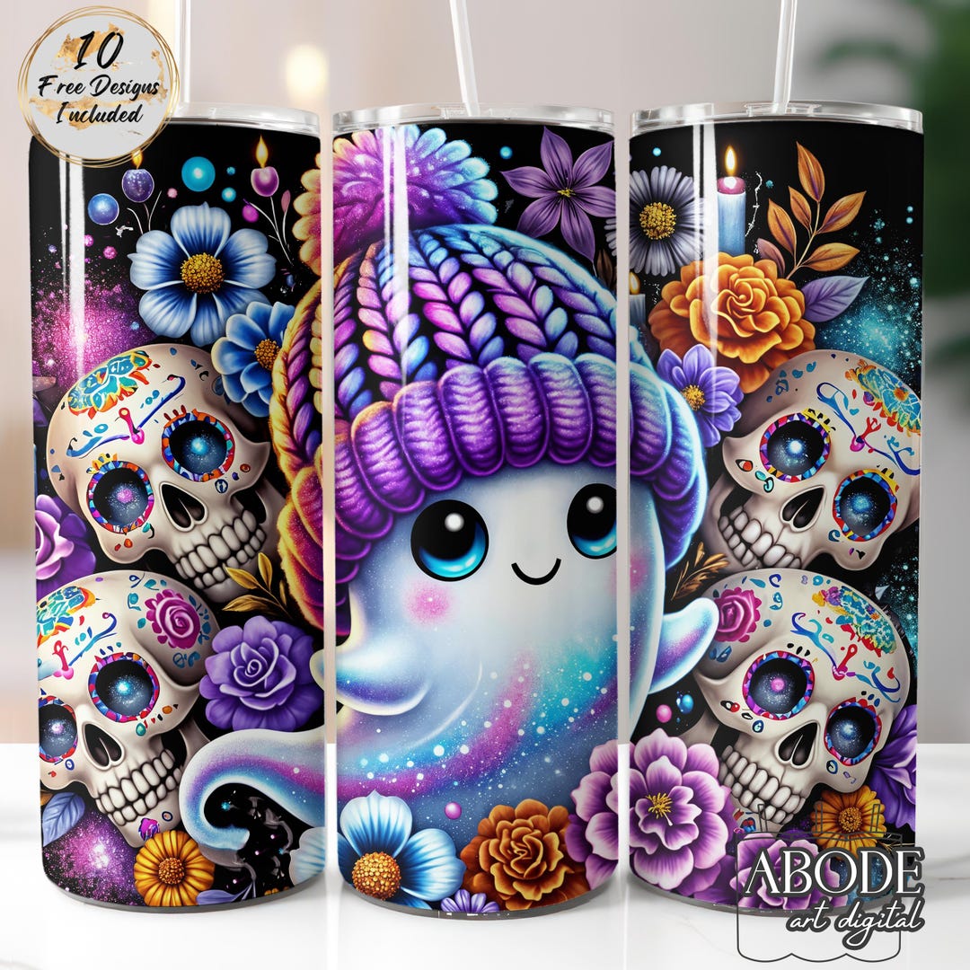 Day of the Dead Cute Ghost Wearing Beanie 20oz Skinny Straight Tumbler ...
