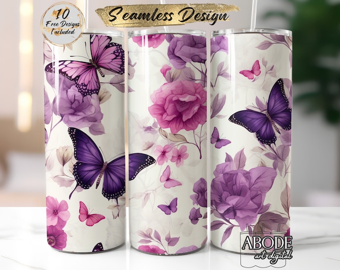 Purple Butterflies Custom Name 20 Oz Tumbler Sublimation Design ...