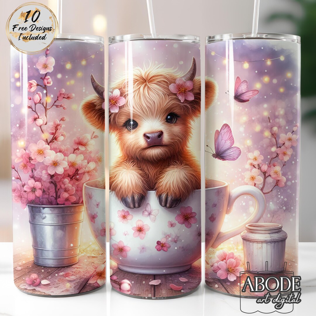 Highland Cow Teacup Tumbler Wrap: Cherry Blossom Butterfly Design (PNG ...