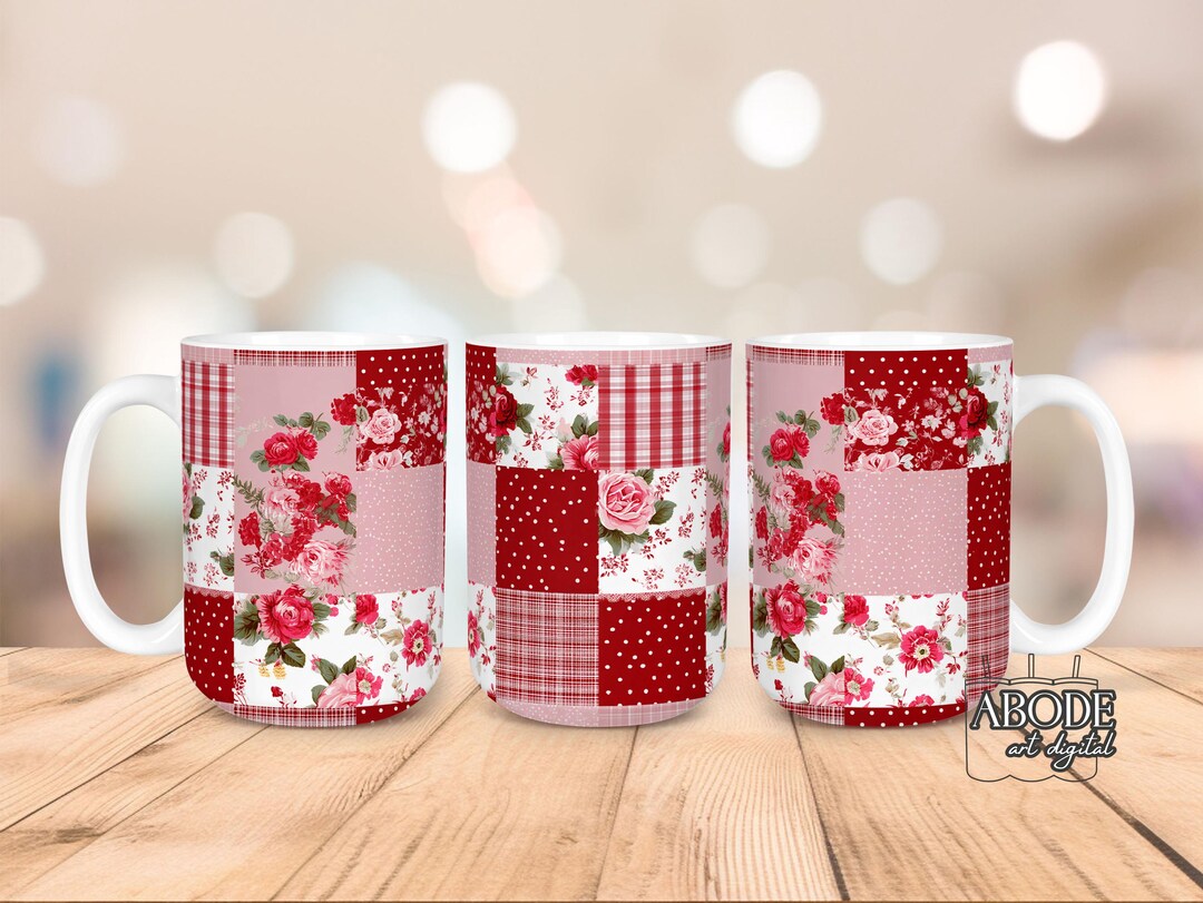 Floral Quilt Mug Wrap PNG, Patchwork Rose Mug Design, 11oz 15oz ...