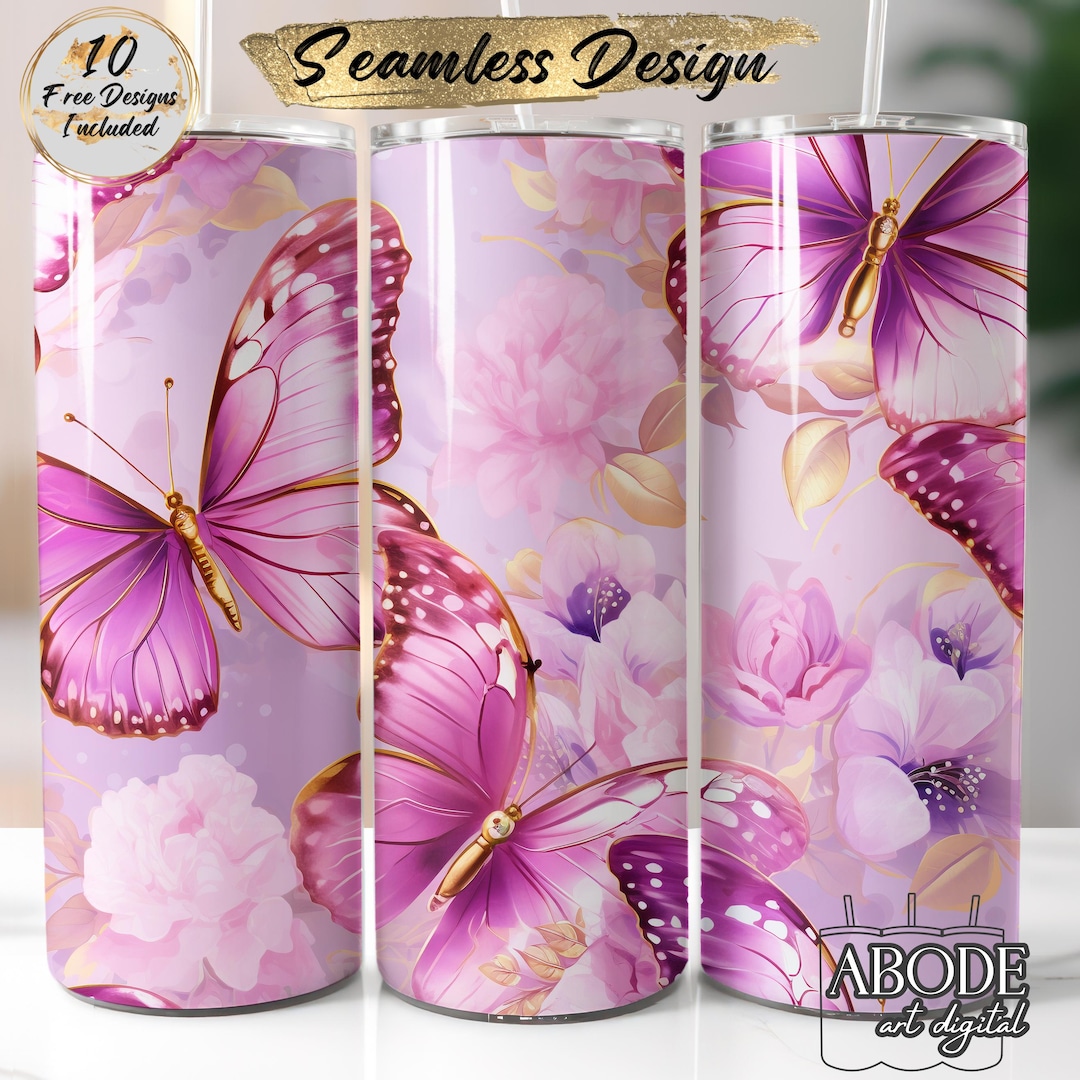 Pink Gold Butterfly Tumbler Sublimation Design: Seamless Floral Wrap ...