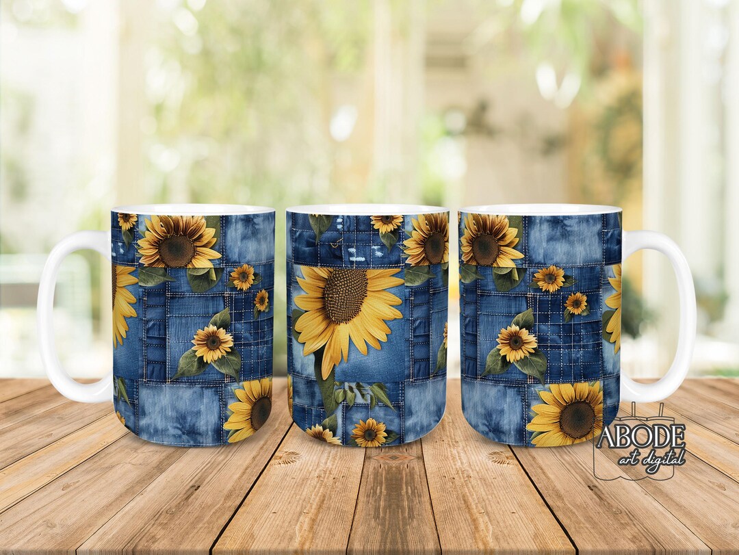 Sunflower Denim Mug Wrap PNG, Country Farmhouse Patchwork Mug, 11oz ...