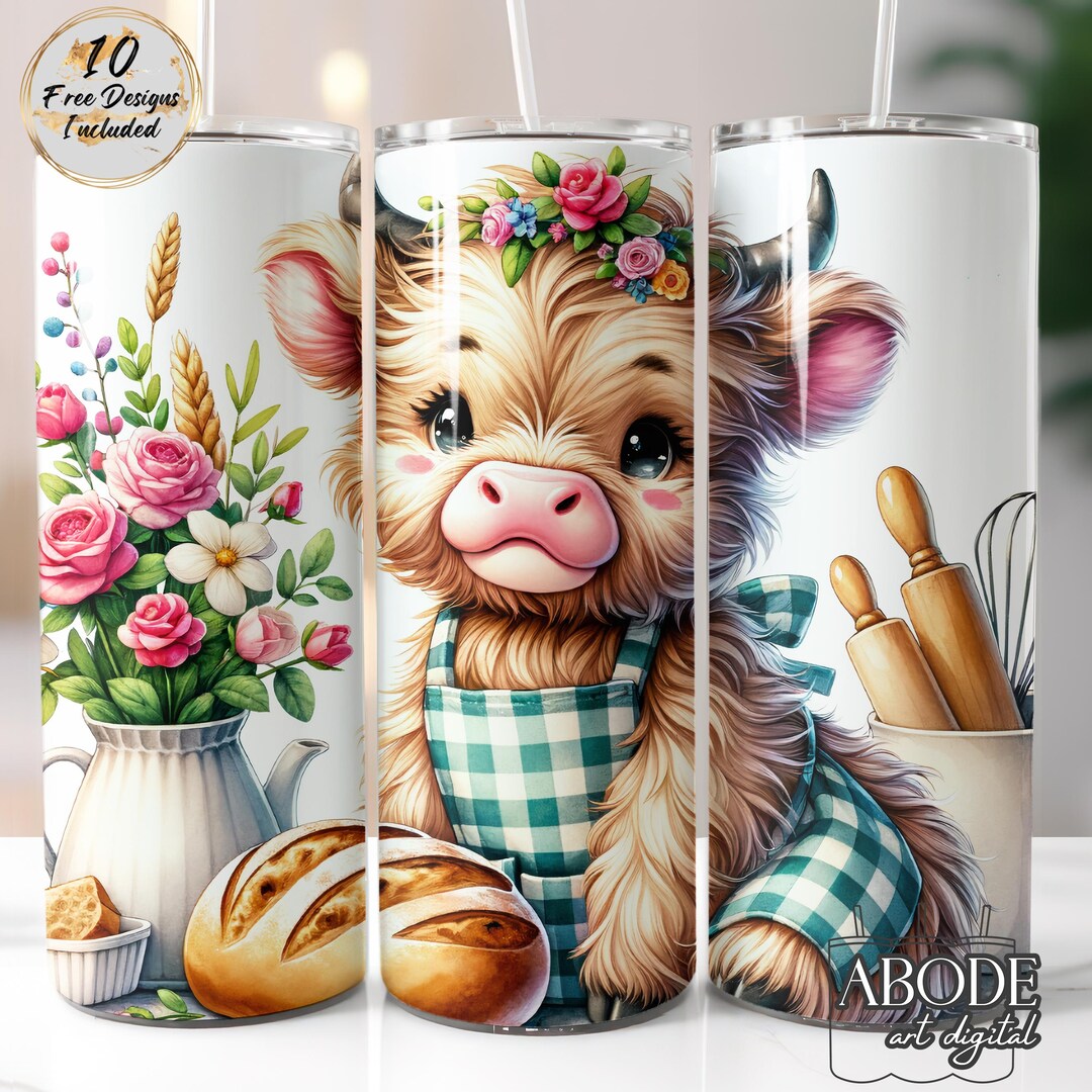 Cute Highland Cow Baker, 20 Oz Skinny Tumbler Sublimation Design Wrap ...