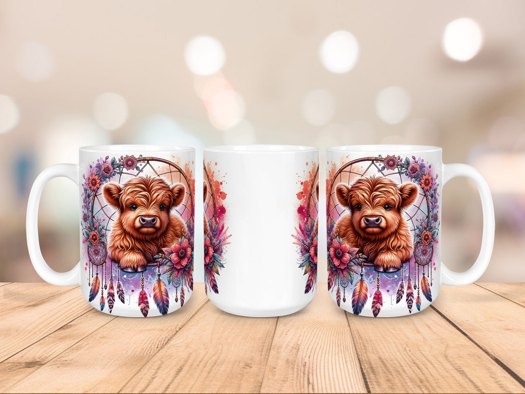 Boho Highland Cow Mug Wrap, Wrap Around Mug Design, 11oz & 15oz Sublimation, Digital Download ...