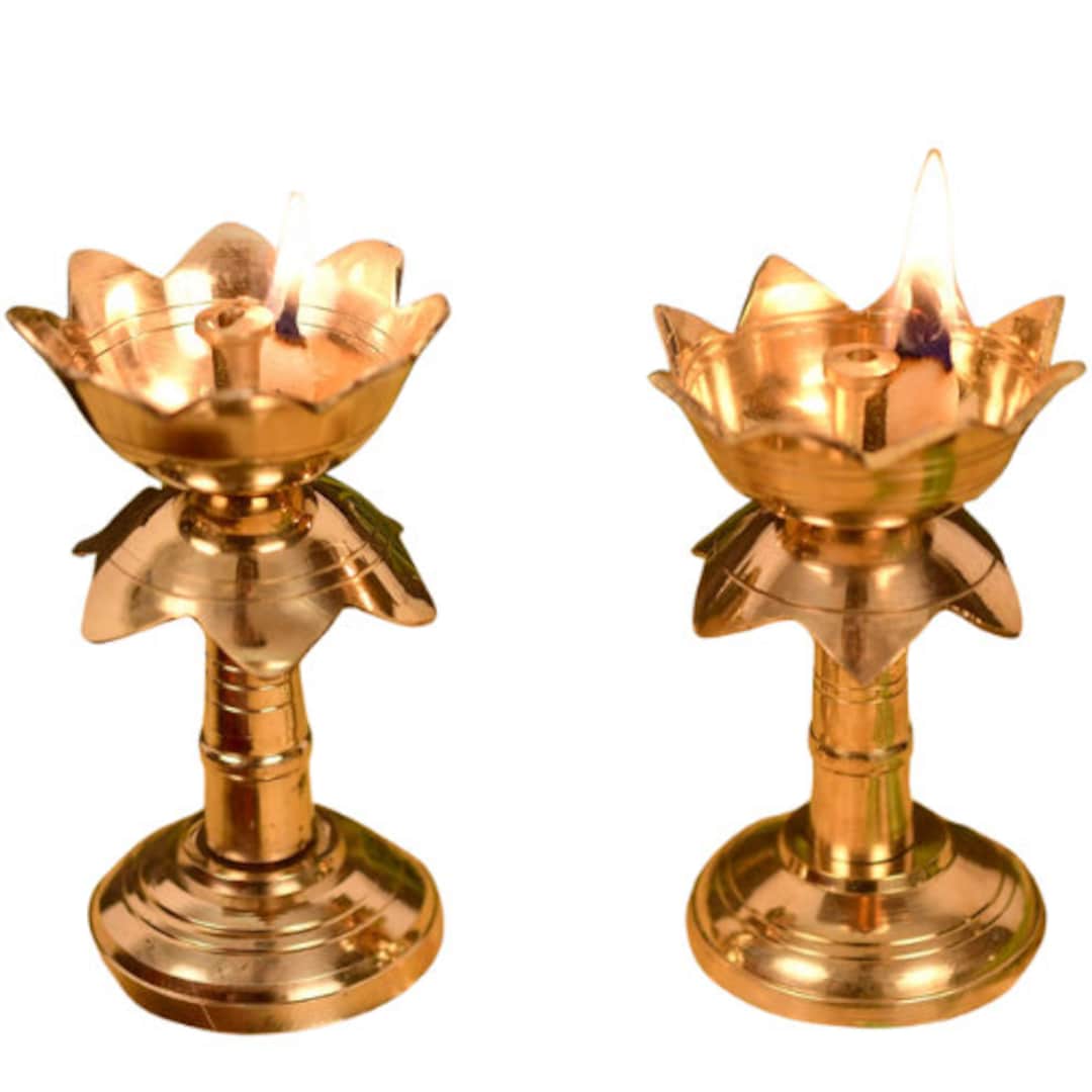 Set of 2 Brass Diya for Puja Temple Decoration, Diya for Diwali Lotus ...
