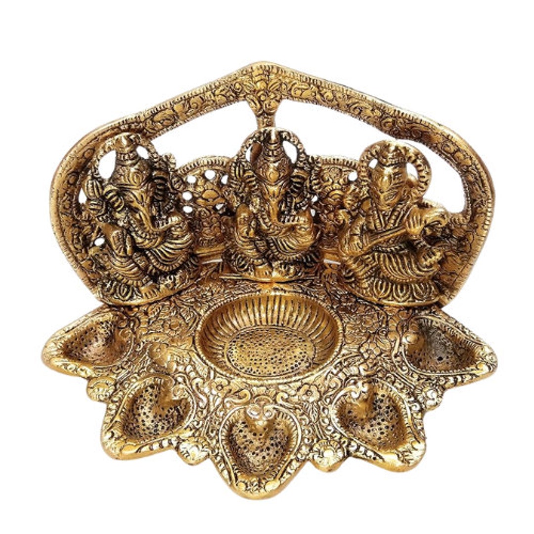 Laxmi Ganesh Saraswati Idol Diya Oil Lamp Deepak Metal Lakshmi Ganesha ...