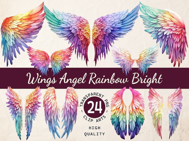 Angel Wings Watercolor Clipart Bundle Vibrant Rainbow Wings