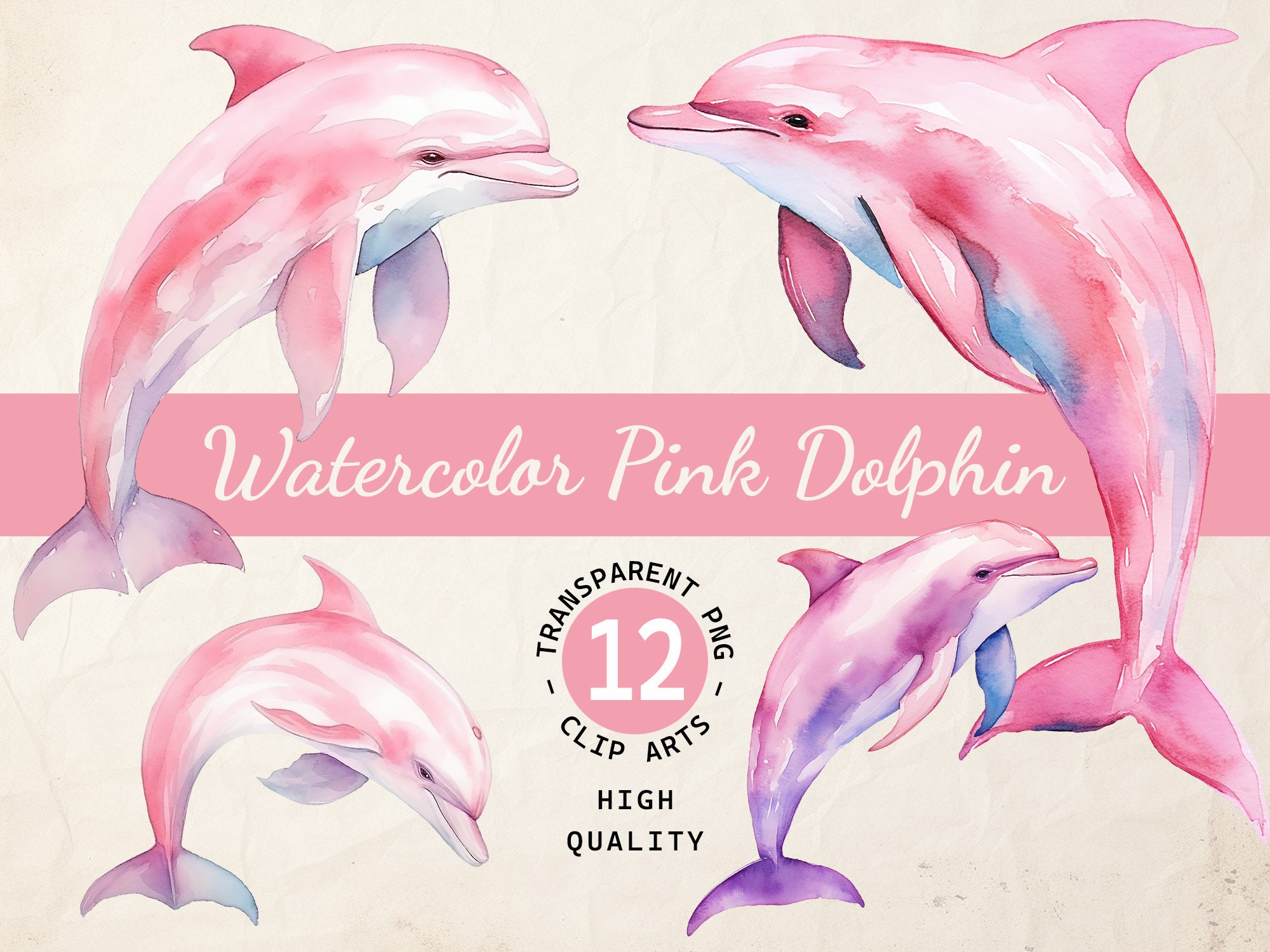 Watercolor Pink Dolphins, Collection Clipart, Commercial Use, Instant ...
