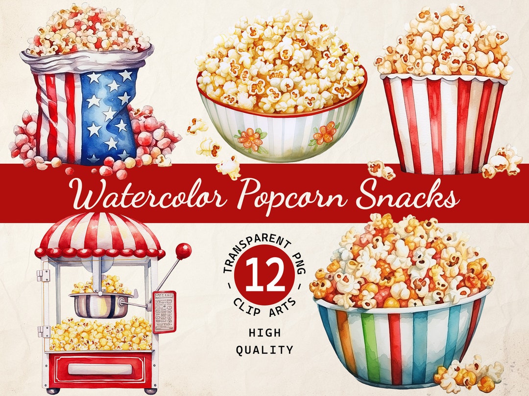 Watercolor Popcorn Snacks, Clipart Collection, Transparent PNG, Digital ...