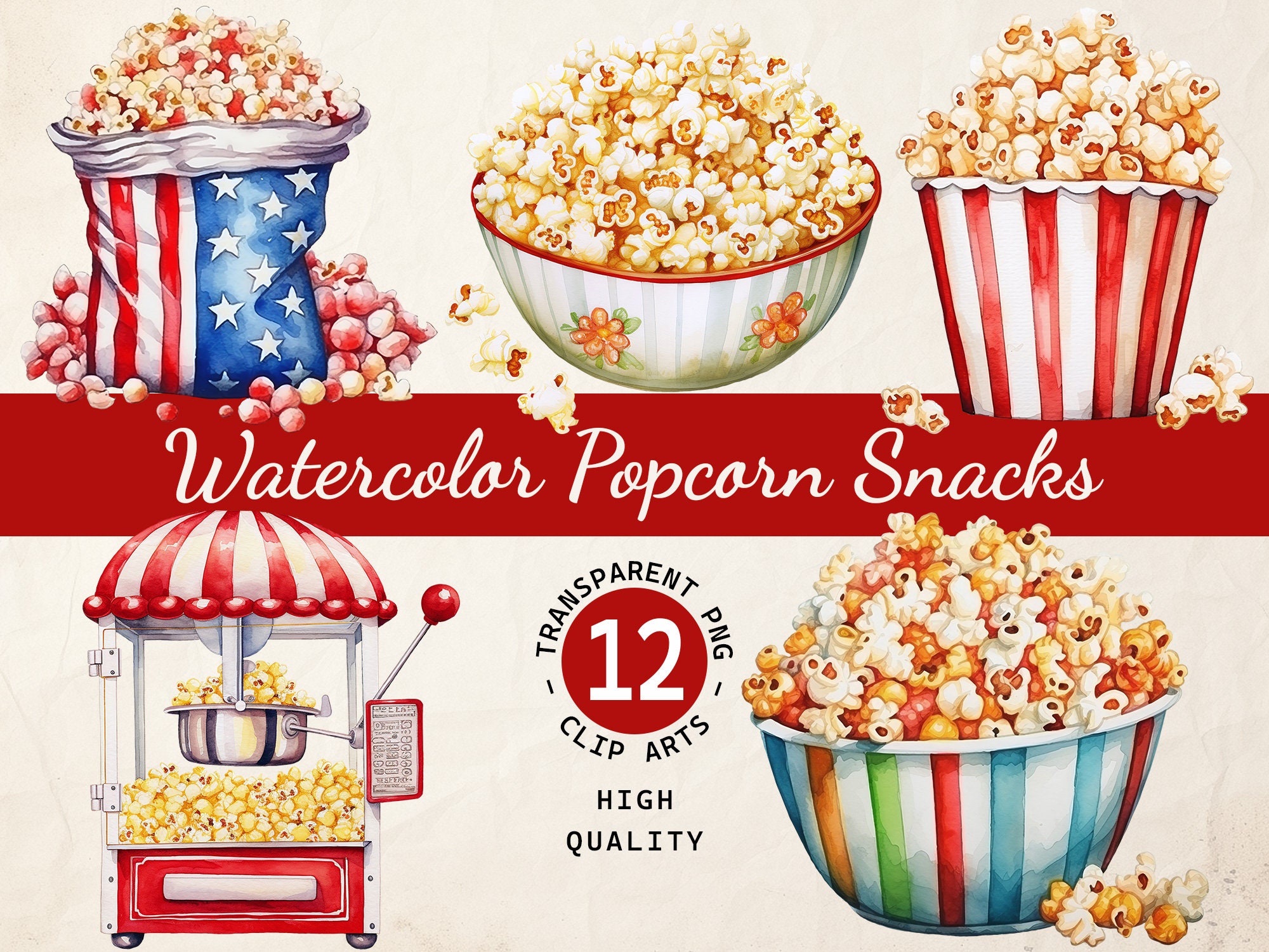 Watercolor Popcorn Snacks, Clipart Collection, Transparent PNG, Digital ...