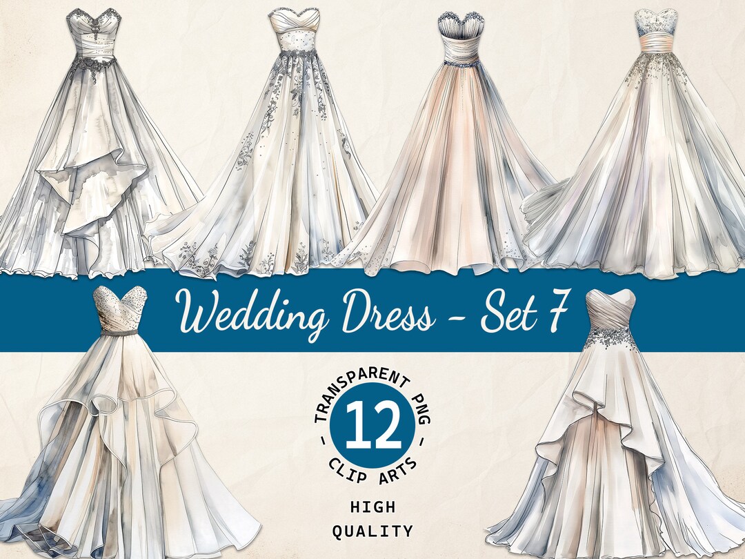 Watercolor and Line Art Wedding Dress Design, Mixed Media Collection ...