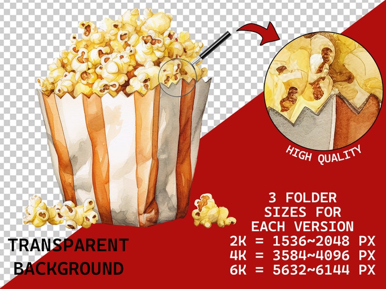 Watercolor Popcorn Snacks, Clipart Collection, Transparent PNG, Digital ...