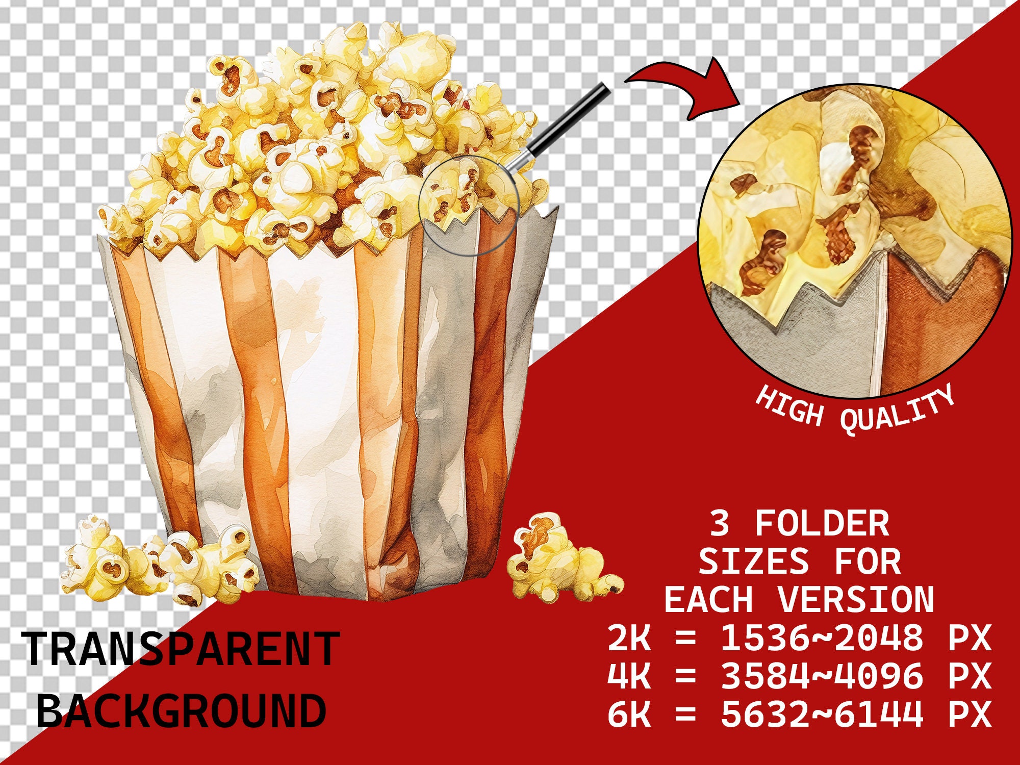 Watercolor Popcorn Snacks, Clipart Collection, Transparent PNG, Digital ...