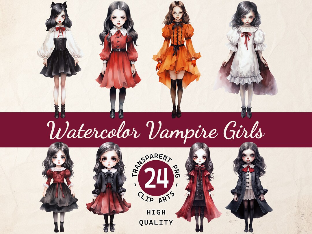 Vampire Girls Watercolor, Clipart Bundle, Dracula Girls, Transparent ...