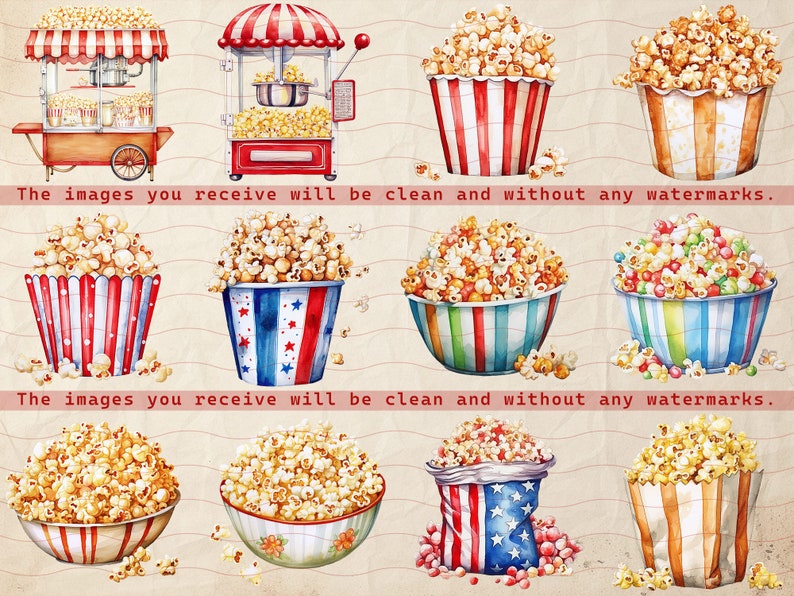 Watercolor Popcorn Snacks, Clipart Collection, Transparent PNG, Digital ...