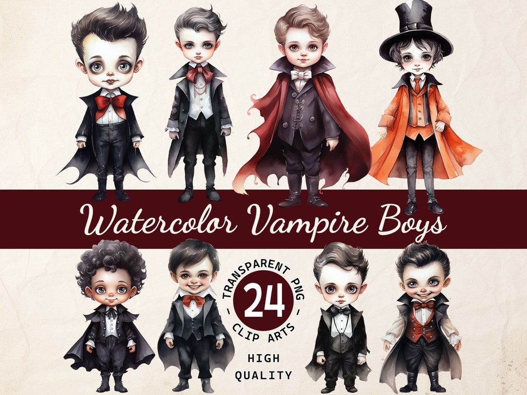 Vampire Boys Watercolor, Clipart Bundle, Dracula Boys, Transparent PNG ...