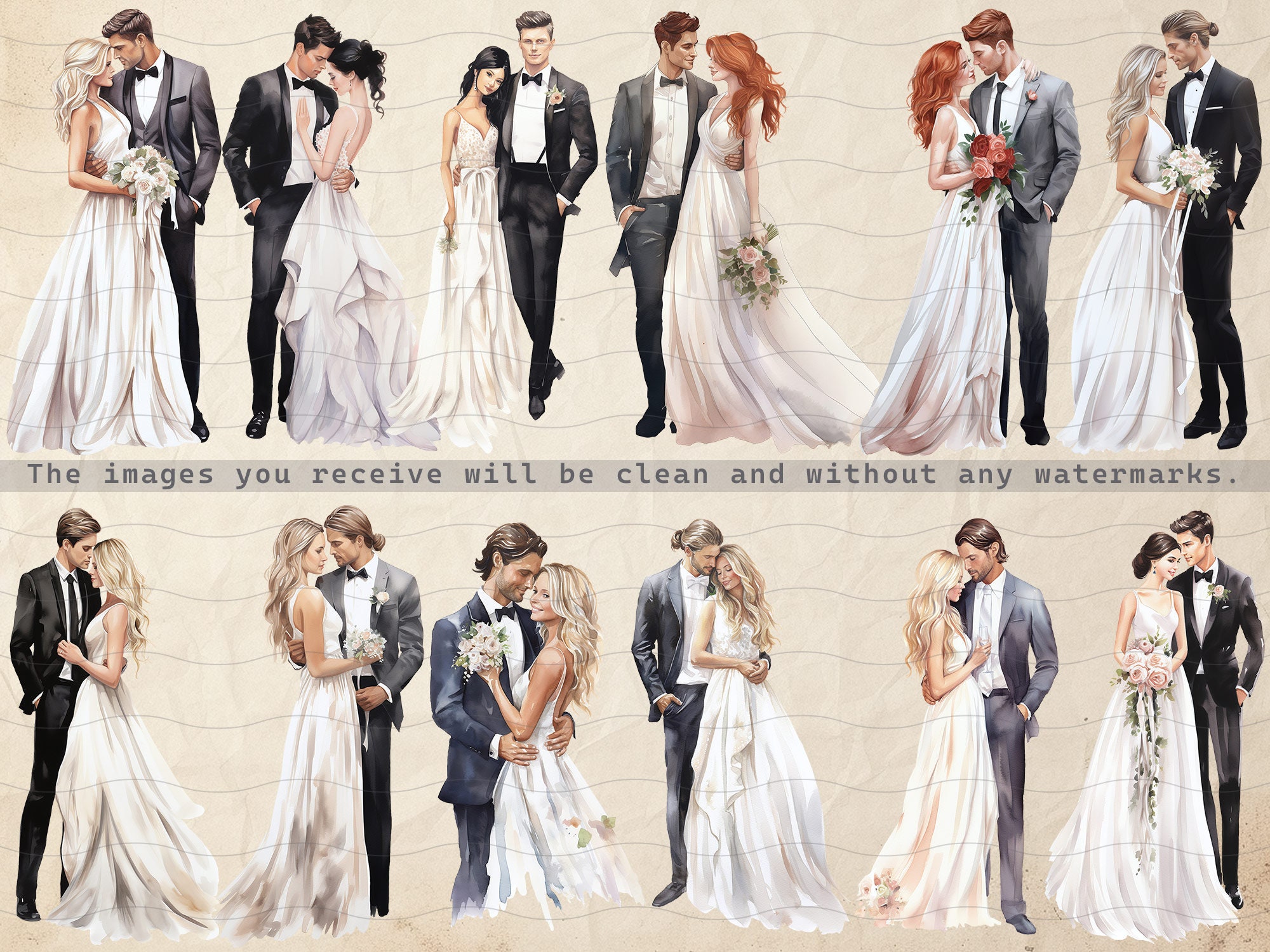 Bride and Groom Watercolor, Clipart Bundle, Wedding Couple Clipart ...