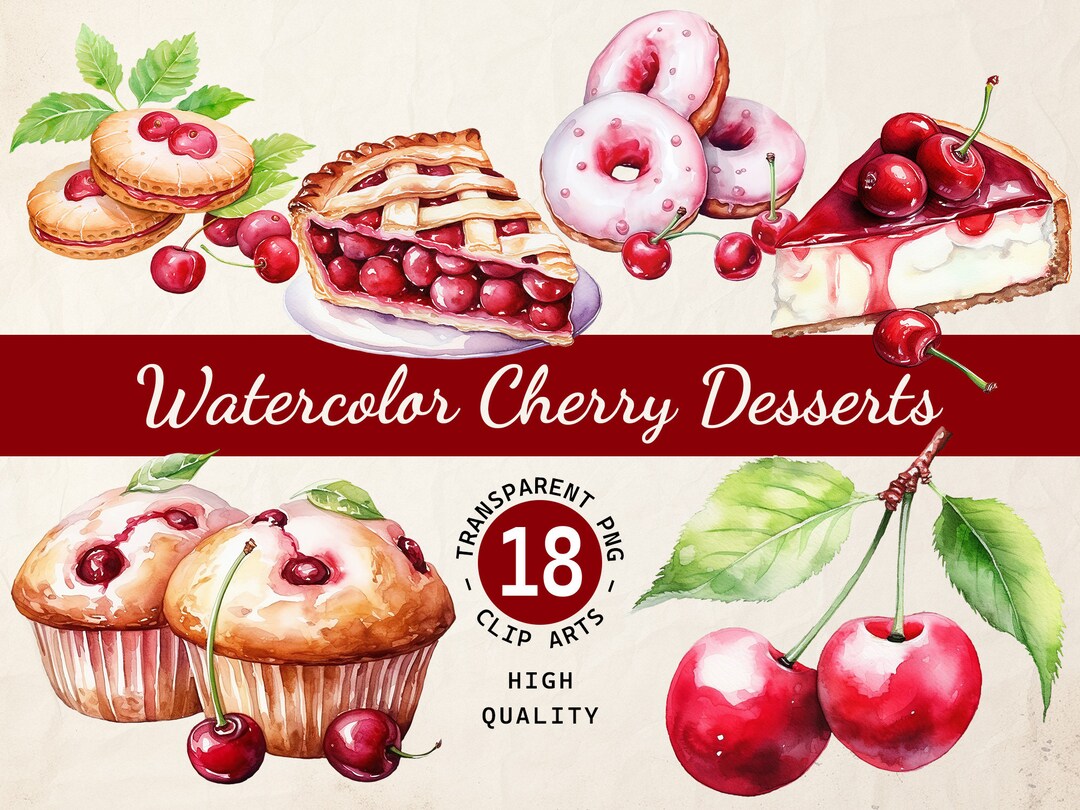 Cherry Desserts, Watercolor Clipart Collection, Cake Recipes ...